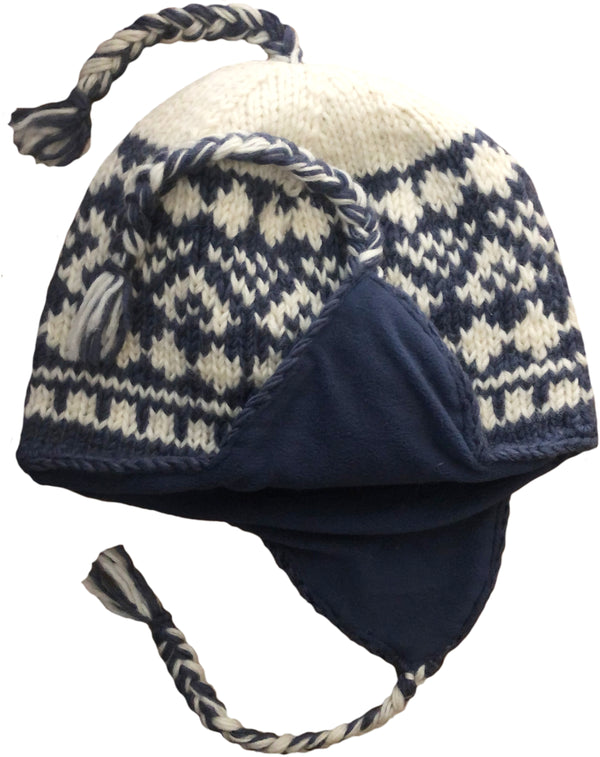 Sherpa Hat with Ear Flaps, Heavy Wool Fleece Lined - Diamond Design ...